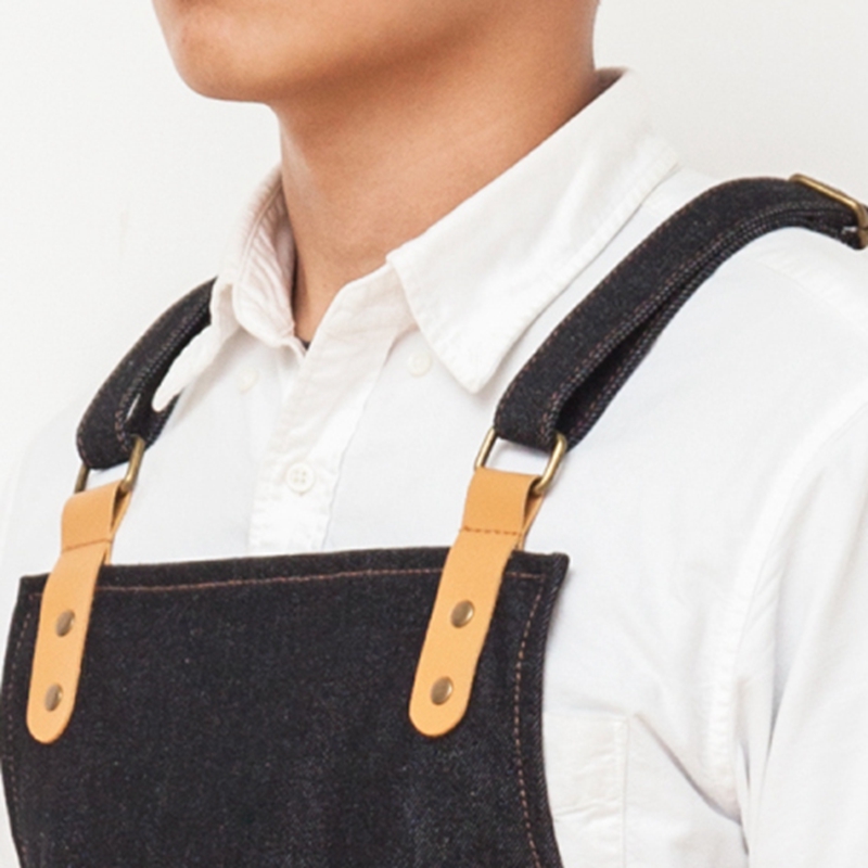 Customized restaurant coffee shop leather shoulder strap denim apron ...